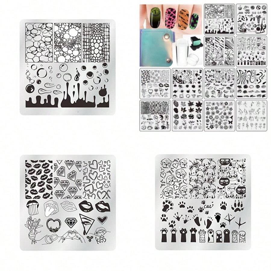 15Pcs Nail Stamping Plates Set 12pcs Nail Plates 1 Nail Art Stamper ...