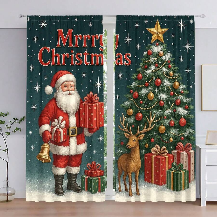 2pcs 2D Printed Christmas Decorative Curtains, Holiday Santa Claus ...