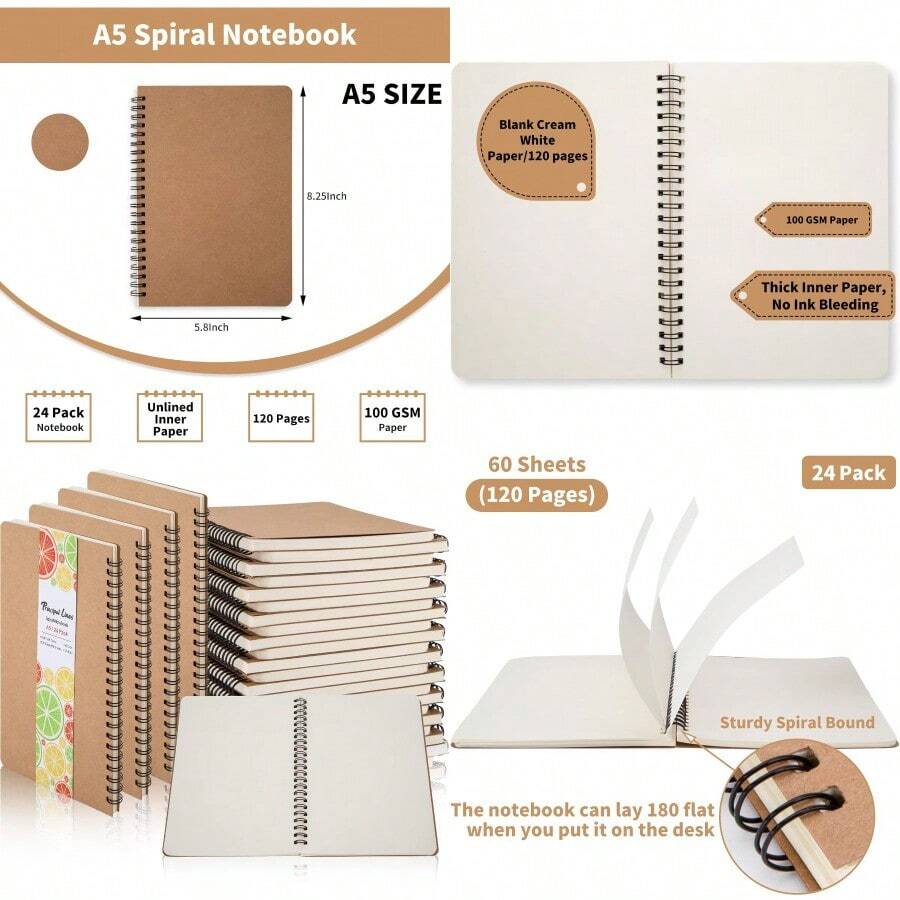 24 Pack A5 Spiral NotebookSoft Cover Blank Sketch WireBound Journal ...