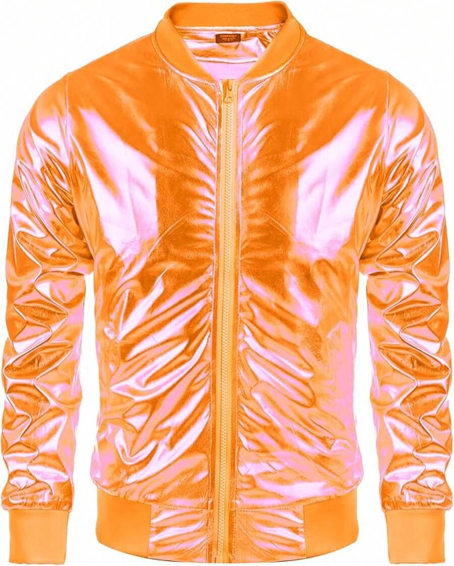 Men's Metallic 70s Disco Dance Party Costume Shiny Zipper Baseball ...
