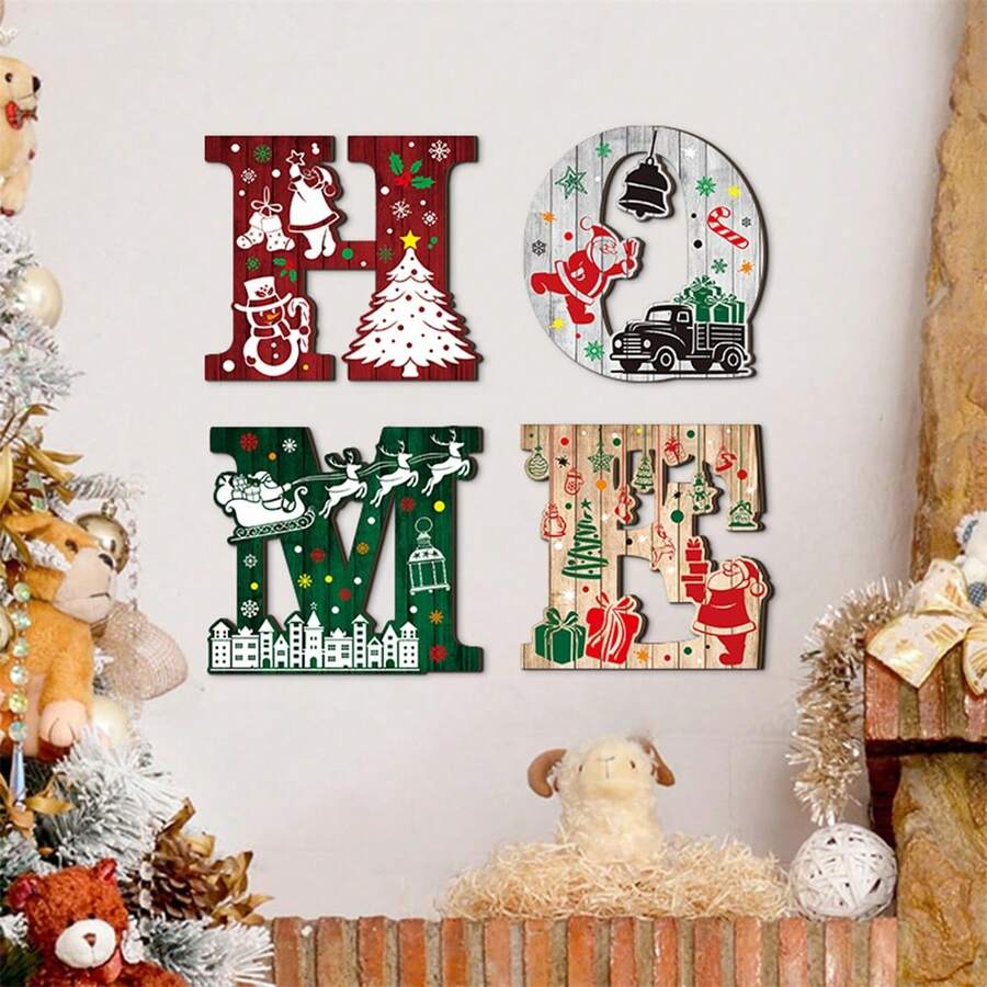 Christmas Home Sign Set Of 4 Wooden Letter Hanging Decorations For ...