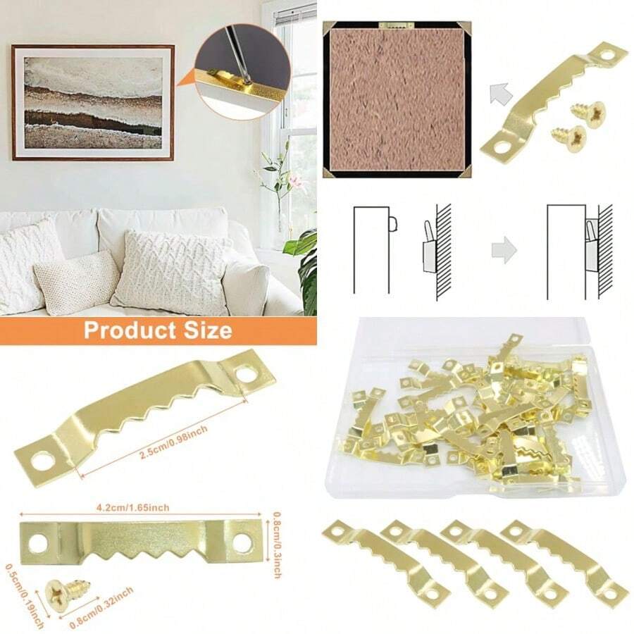 50 Pack Small Swatooth Picture Hangers Gold Metal Picture Frames Hangers Kit With Screws For ...