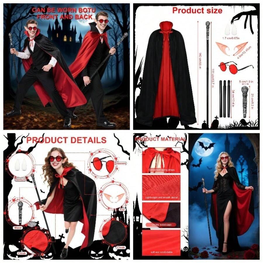 Vampire Robes Costume Set With Reversible Cape Adult Unisex Halloween ...