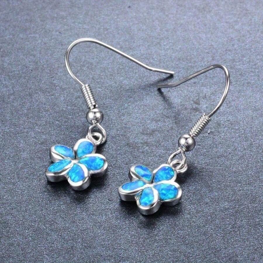 Blue Artificial Opal Five-Petal Flower Earrings And Necklace Two-Piece Set, Simple And ...