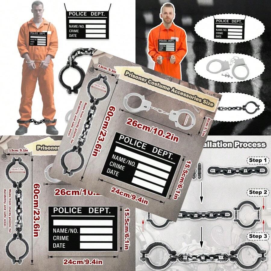 3PCS Prisoner Costume Accessories Handcuffs Prop With Keys Plastic Foot ...