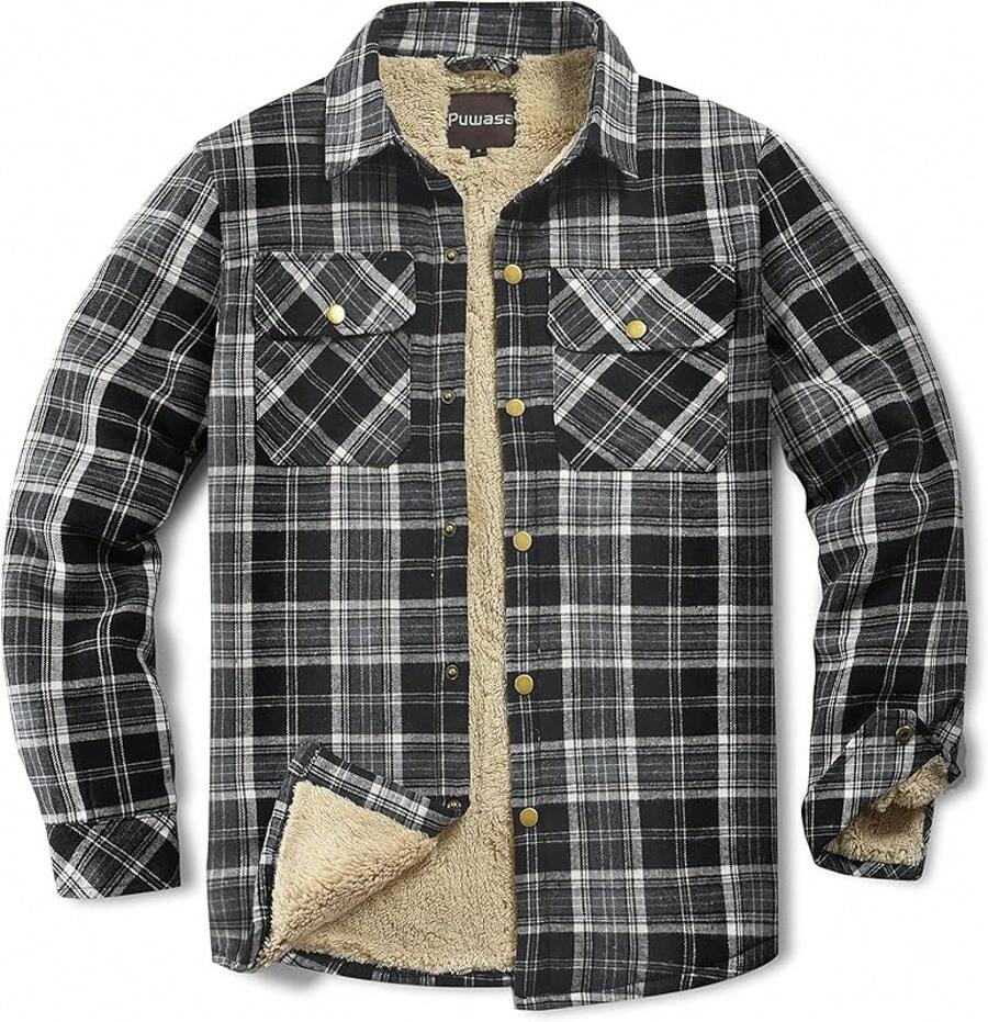 Men's Sherpa Lined Cotton Flannel Shirt Jacket Plaid Button Up Jacket ...