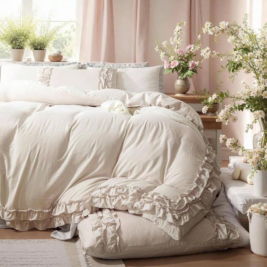 Duvet Cover Set Purple Ruffle Bedding Set Pleat Ruffled Shabby Chic ...