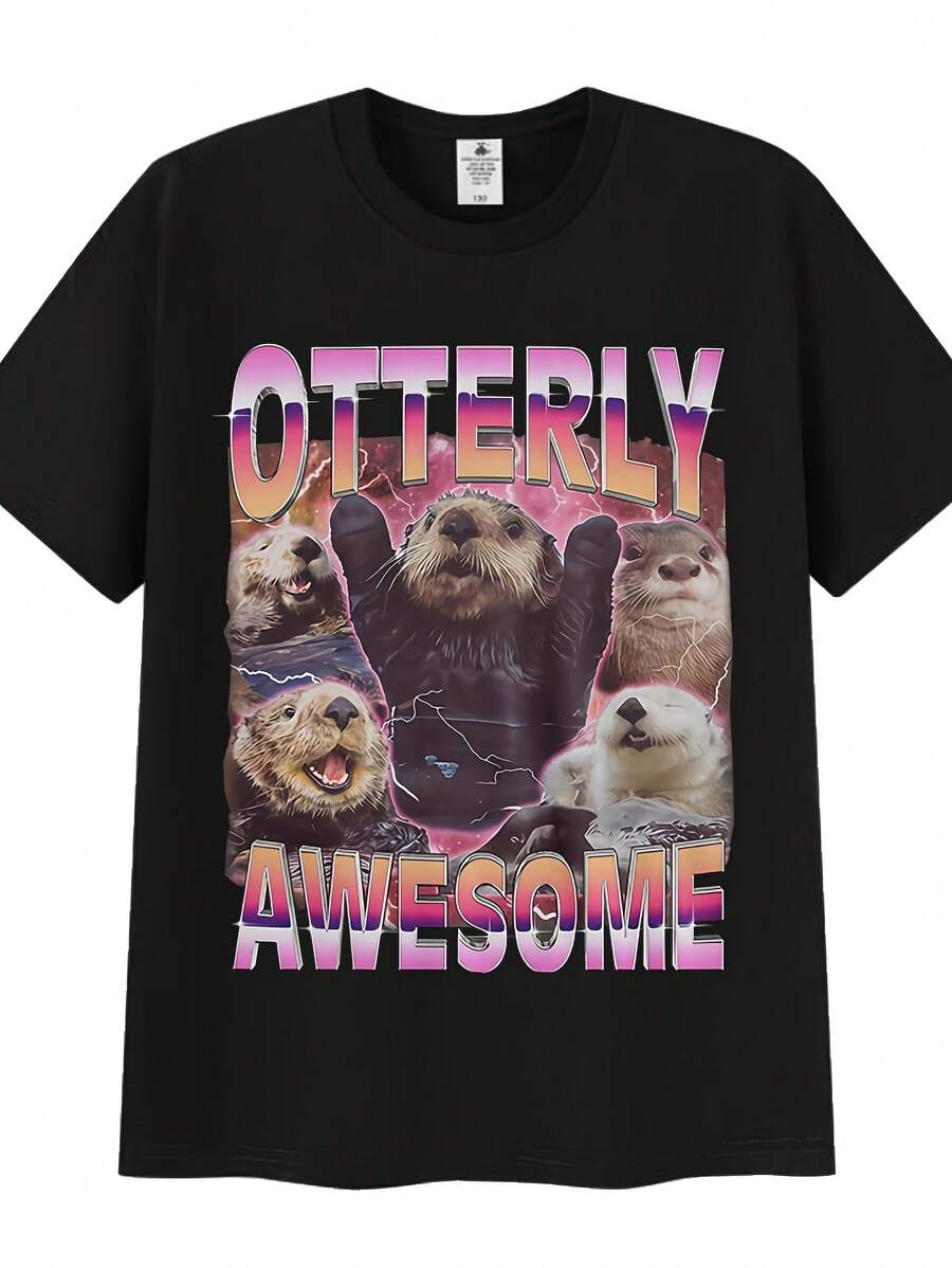 Men's Funny Otterly Awesome Meme Graphic T-Shirt - Vintage Black Tee ...