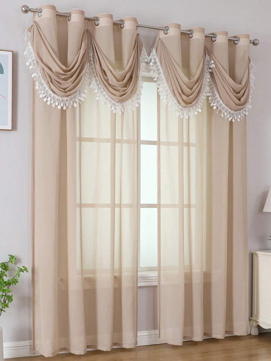 1pc Window Curtain Fabric With Attached Ruffle, Elegant Design With ...