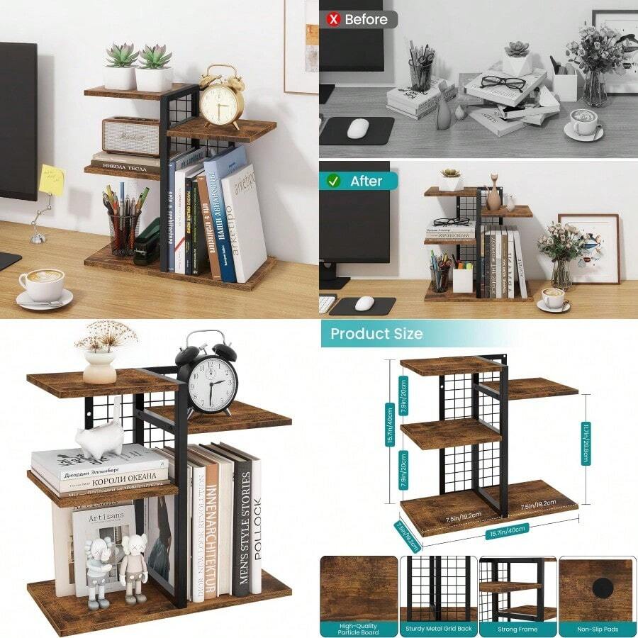 Desktop Shelf Organizer 4Tier Wooden Desk Bookshelf Small Tabletop Book ...