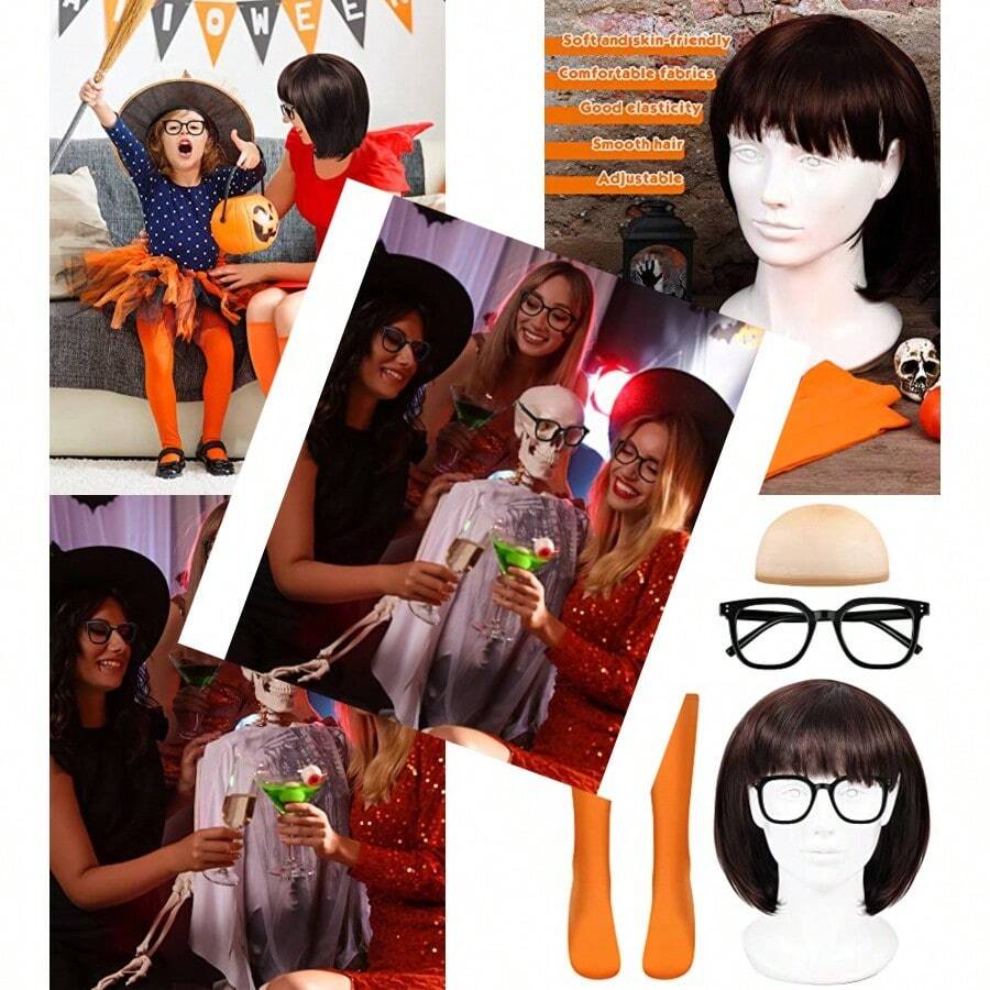 3 Pcs Halloween Adult Costume For Women Brown Bob Wigs With Bangs ...