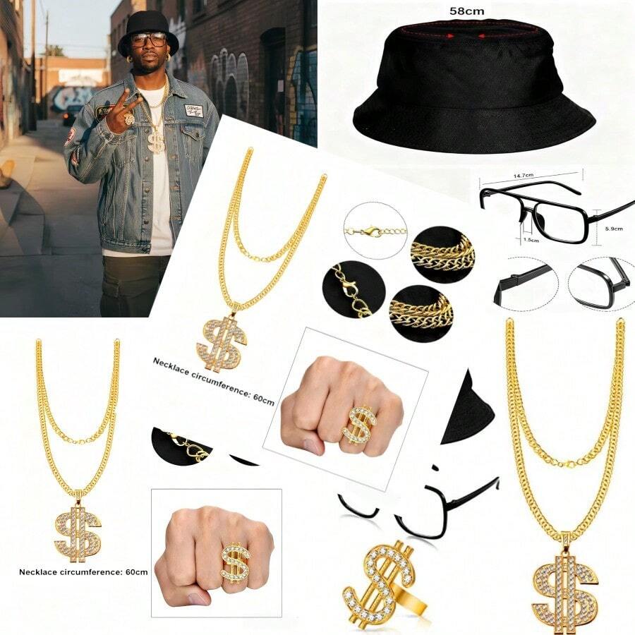 Hip Hop Costume Kit 80s 90s Rapper Accessories Outfit For Men Women ...