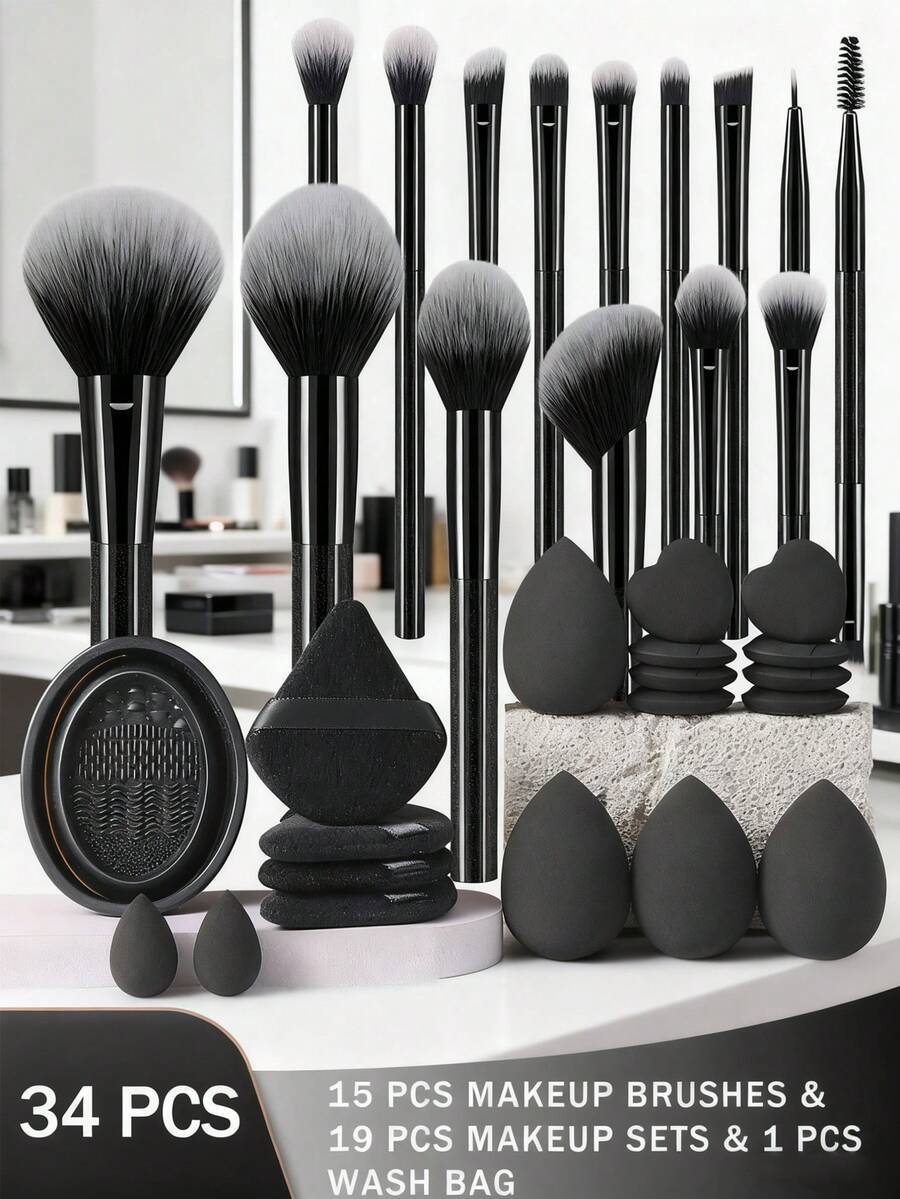 4/34PCS Complete Makeup Tools Kit – 15 Professional Makeup Brushes + 4 ...