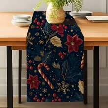 1pc Vintage Christmas Flower Pattern Polyester Linen-Like Table Runner ...