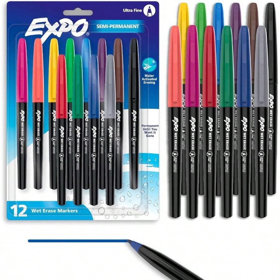 EXPO Wet Erase Markers SemiPermanent Markers Assorted Ultra Fine Tip 12 ...