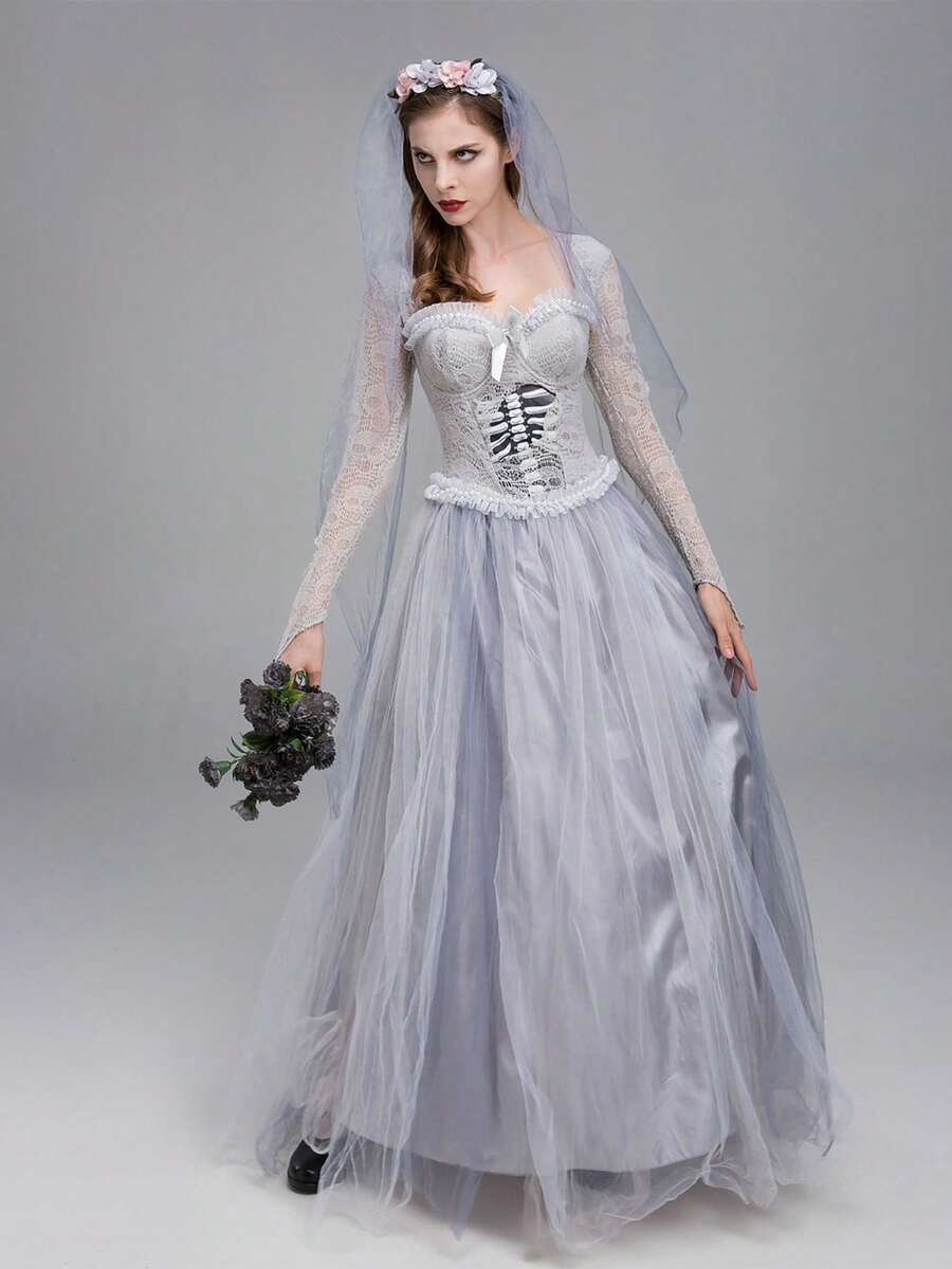 Women Halloween Dead Bride Costume Ghost Corpse Bride Corset Dress And ...