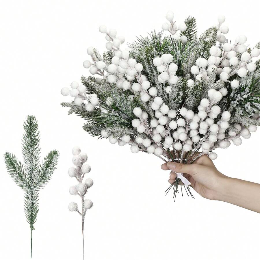 10 pezzi Bacche artificiali bianche invernali con brina e rami di cedro ...