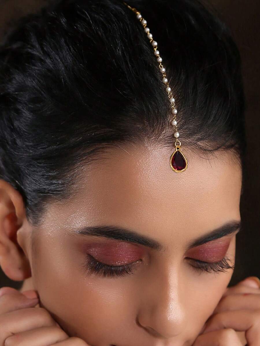 1pc Gold Red Crystal Teardrop Pendant Headchain, Traditional Bridal ...