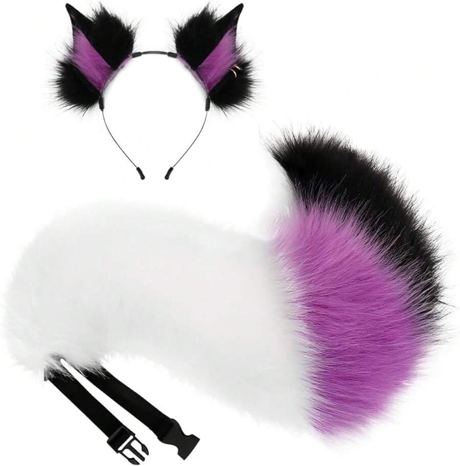 Faux Fur Wolf Ears Headband Furry Dog Tail Set Animal Coustume Cospaly ...