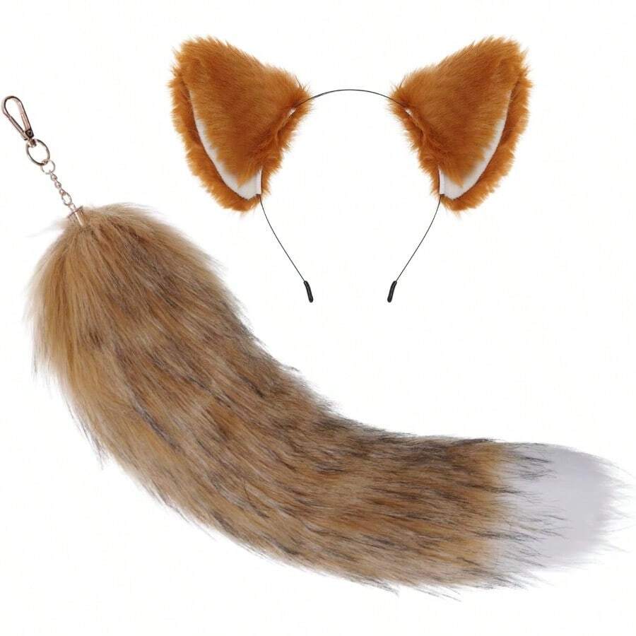 HOVEOX Faux Fox Ears And Tail Faux Cat Wolf Fox Ears Headband And Faux ...