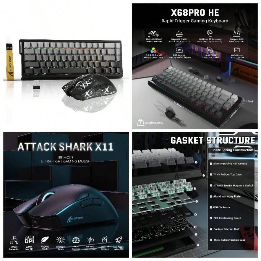 SHARK X68HE PRO Rapid Wireless Gaming Keyboard And X11 Mouse, 8K ...
