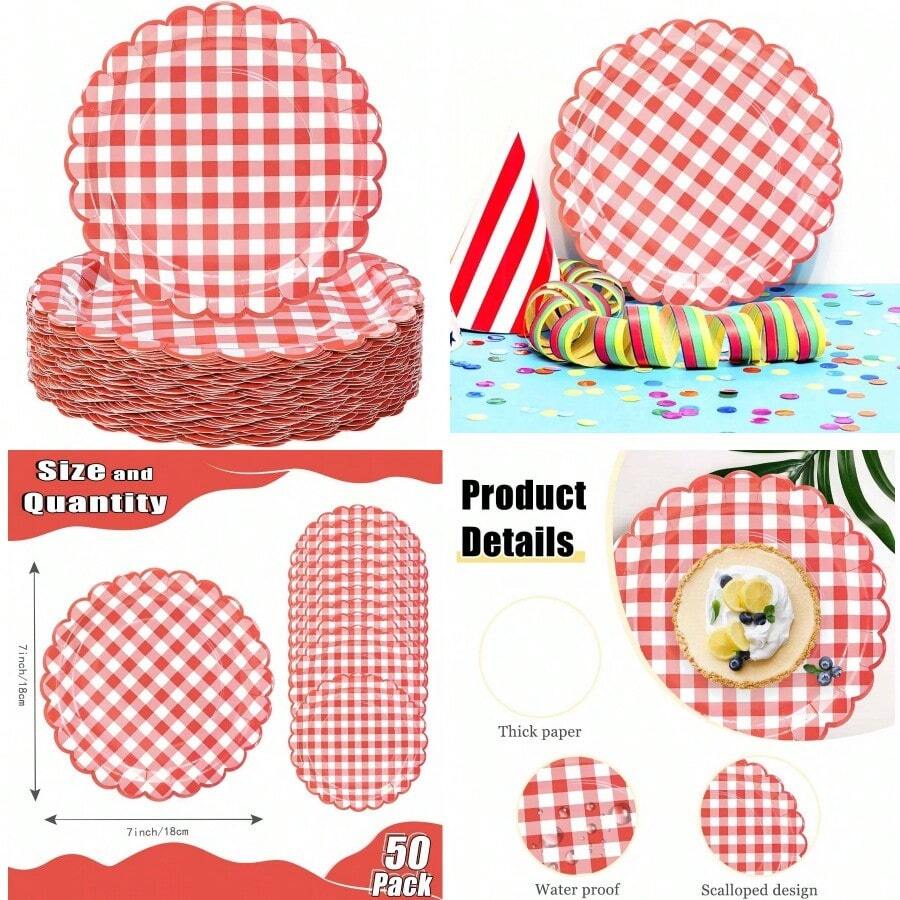 50 Pieces Red Gingham Paper Plates 7 Inch Red And White Scalloped ...