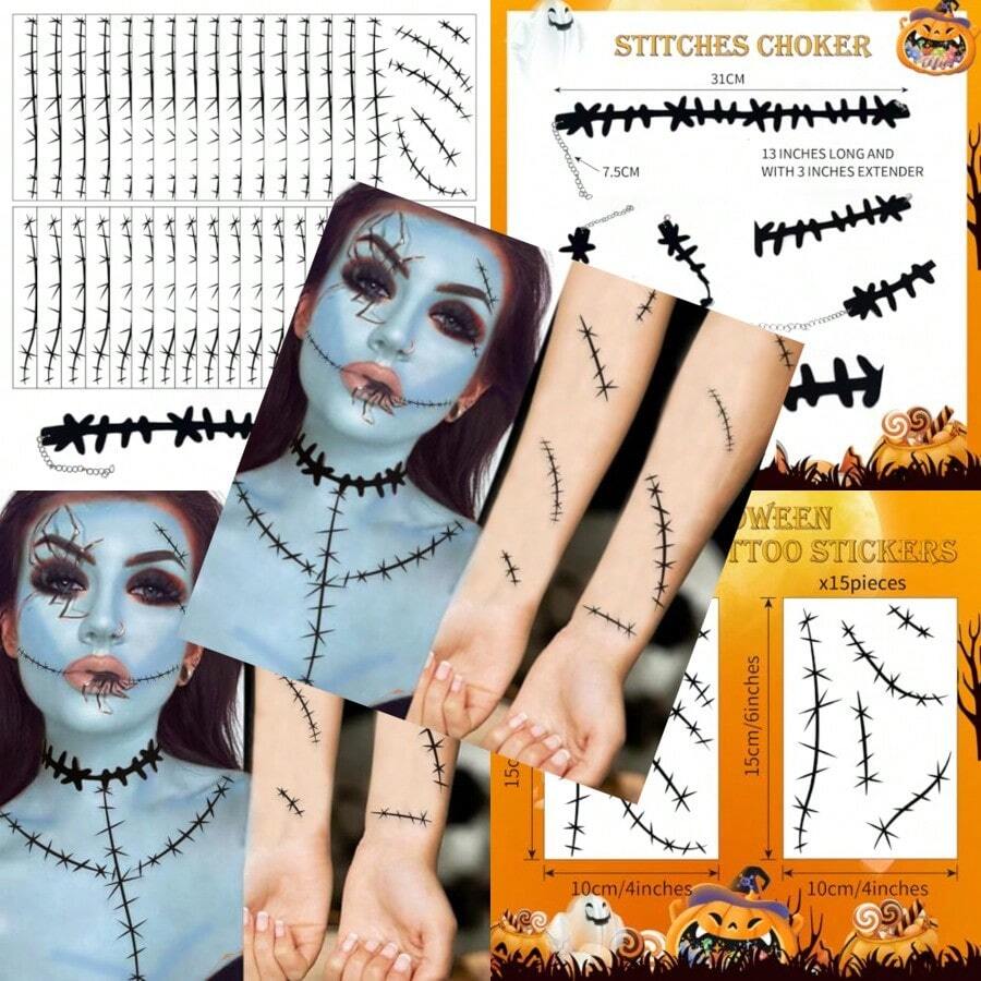 30 Sheets Halloween Stitches Tattoo Stickers Stitches Choker Necklace ...