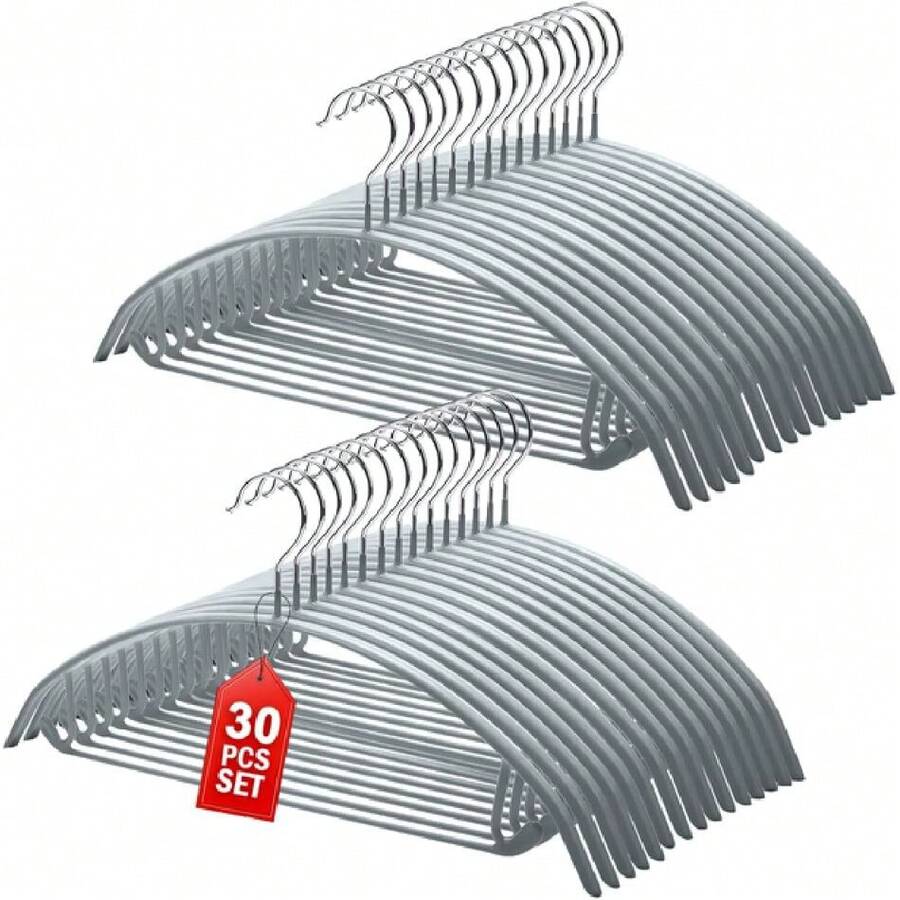 No Bump Rounded Clothes Hangers, Pack Of 30, Metal With Non-Slip PVC ...