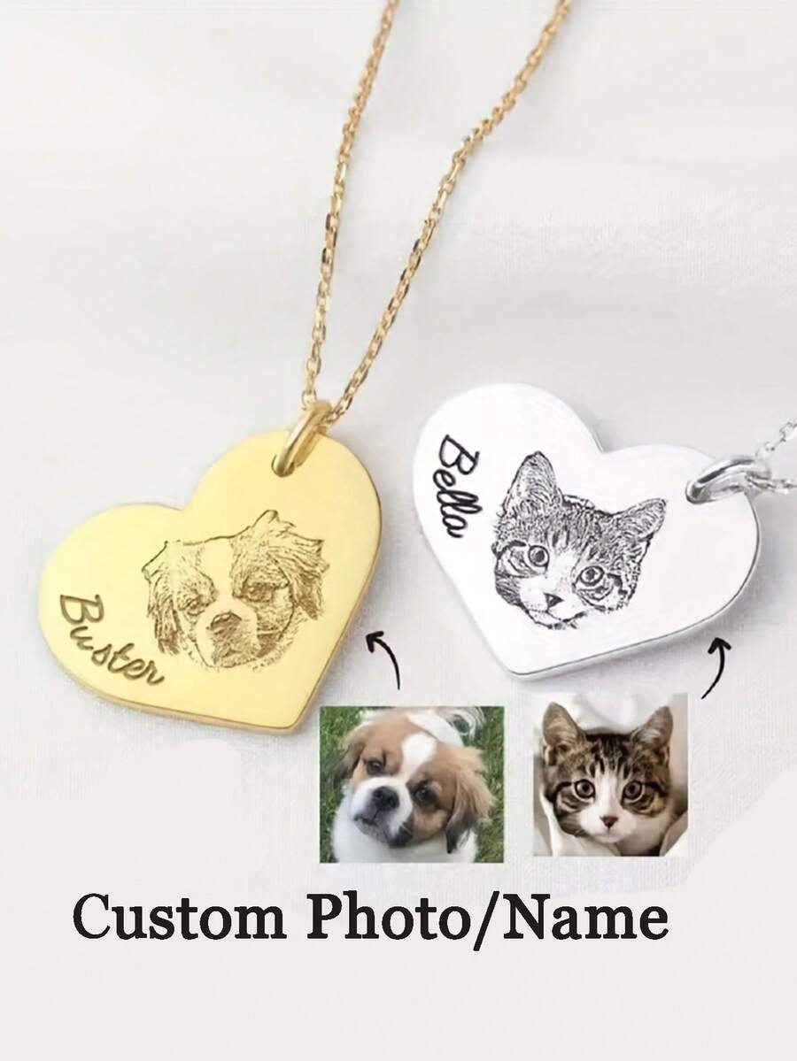 1pc Personalized Photos And Names Engraved Heart Necklace, Custom Pet ...