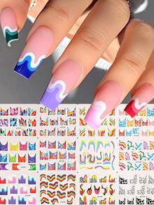 12 Designs Abstract French Tips Nail Art Sticker Colorful Wave Stripe ...