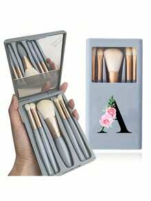 5pcs Portable Makeup Brush Set With Mirror, Rose Flower & A-Z Letter ...