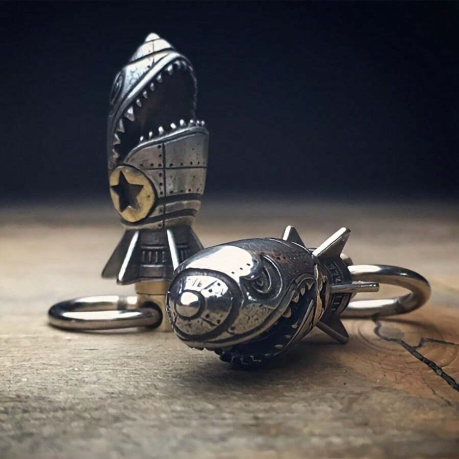 Shark Rocket Metal Keychain - Dual Design Shark And Rocket Fusion ...