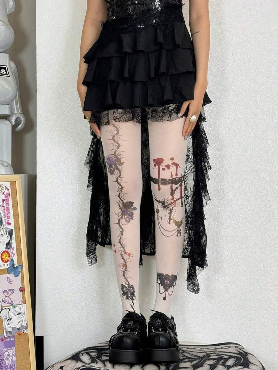 1 Pair Dark Gothic Purple Thorn Flower Black Leg Garter Stockings ...