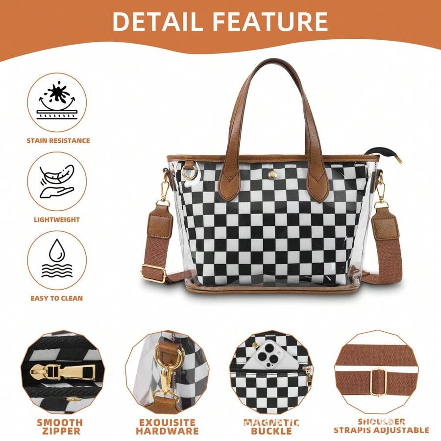 Checkerboard Tote Bag Plaid Handbag PVC Large Capacity Adjustable ...