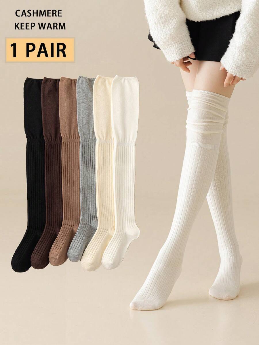 1 Pair Over-The-Knee Wool Blend Thigh High Socks, Patchwork Leg Warmers ...