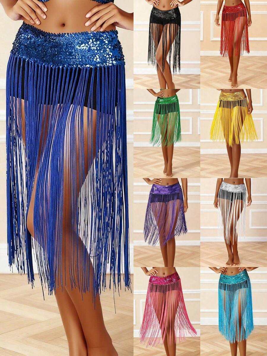 Women's Sequined Tassel Hip Scarf Belly Dance And Latin Dance Tassel Waist Skirt Suitable For ...