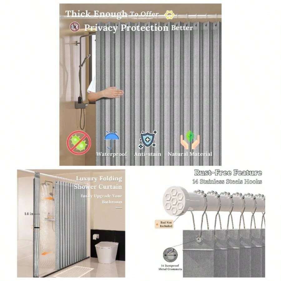 Waterproof Shower Curtain, Heavy Duty Magnetic Folding Linen Shower ...