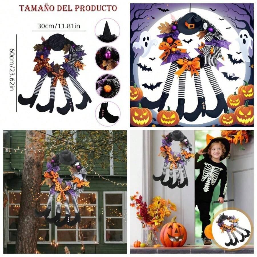 Coronas de Halloween para la puerta de entrada, con sombrero, piernas ...