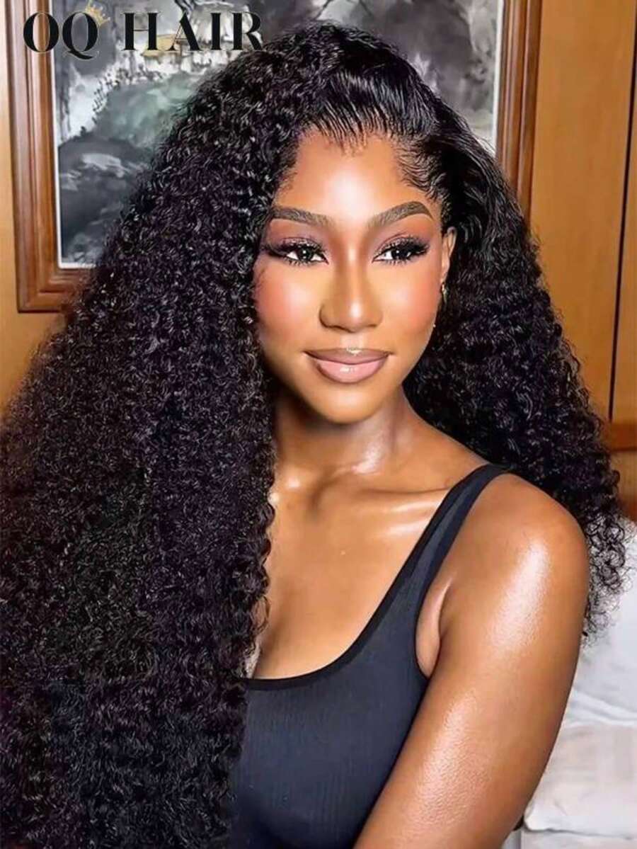 OQ Peluca rizada de color natural con encaje transparente de 7x5 ...