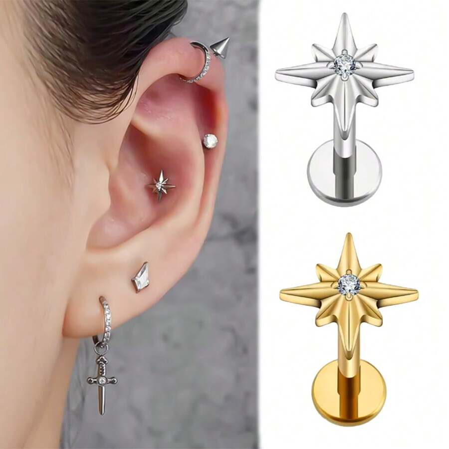 1pc G23 Titanium Screw Thread Titanium 16G Sparkling CZ North Star Stud ...