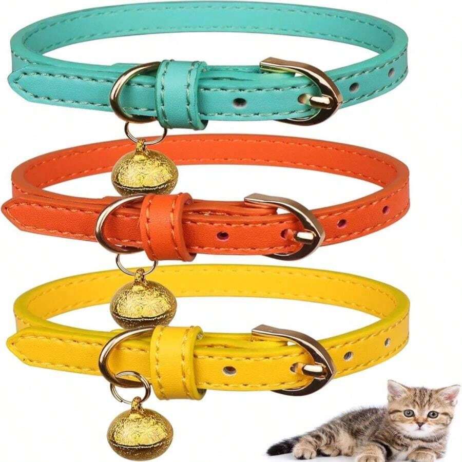 3 Pack Leather Cat Collars With Bells Soft Pet Safety Collar Kitten ...