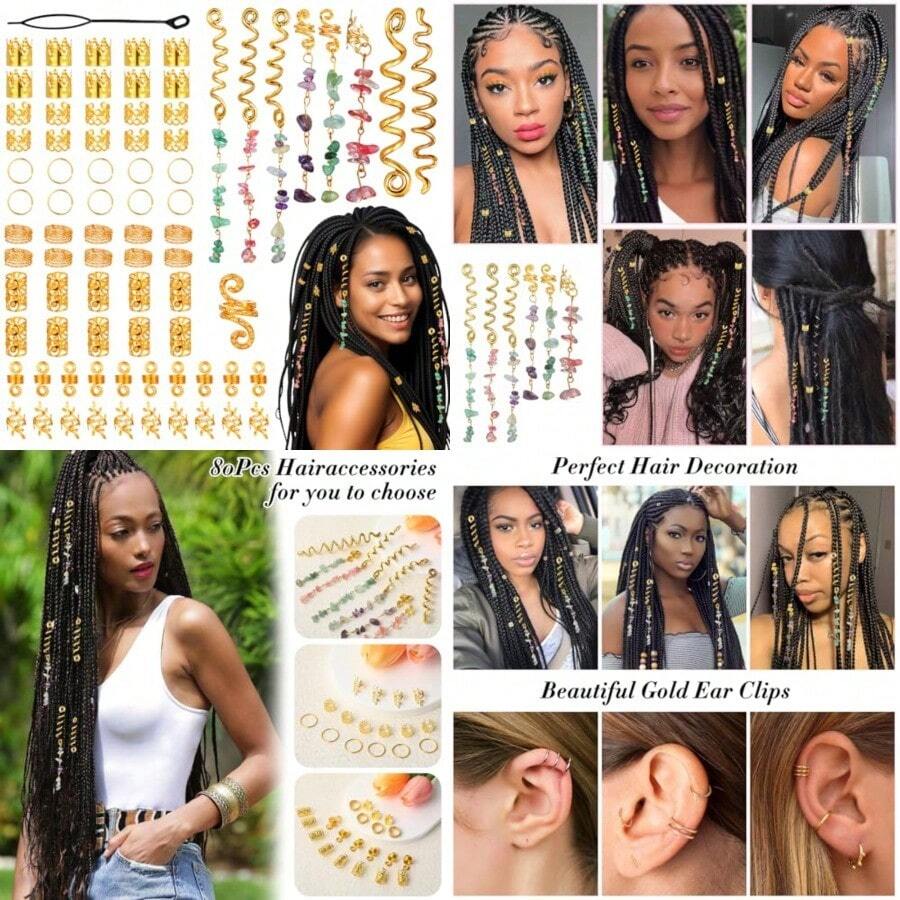 80pcs Gold Hair Rings Hair Jewelry For Braids Loc Jewels For Colored ...