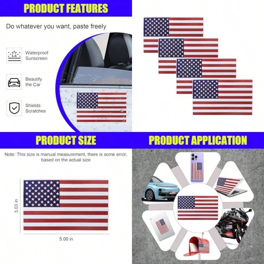 4PCS USA American Flag Decal Car Stickers 5" X 3" Vinyl Vehicle Window ...