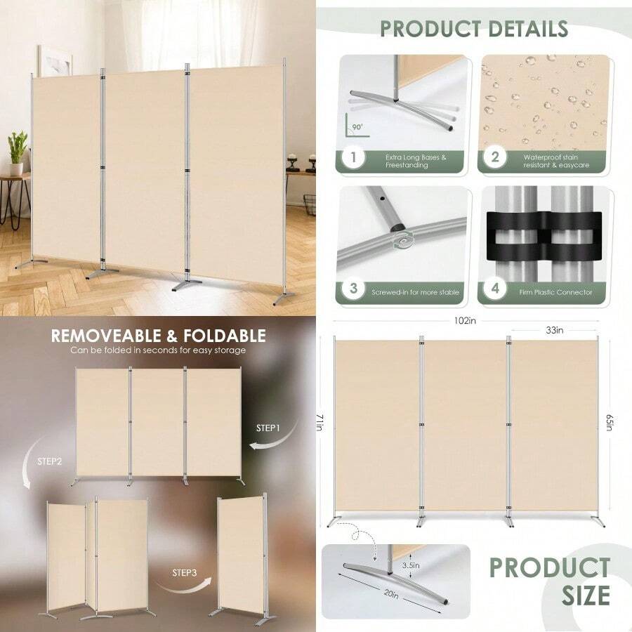 RANTILA 3 Panel Room Divider 6 Ft Tall Folding Privacy Screen Room ...
