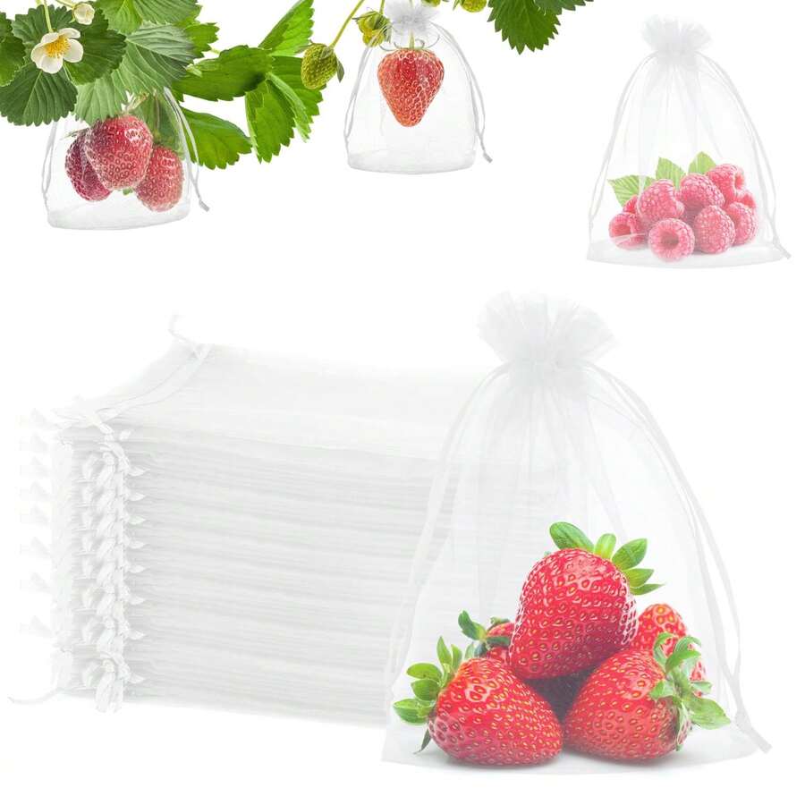 100 Pcs Fruit Protection Bags Strawberry Netting Cover Drawstring Mesh ...