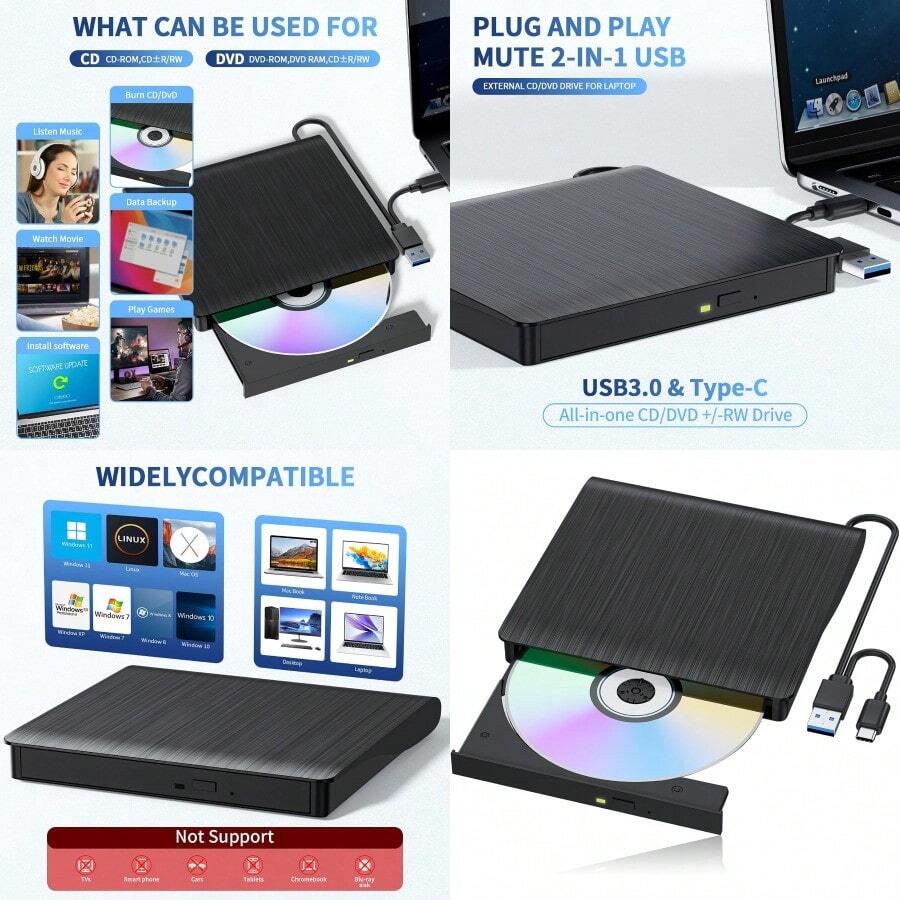 External CD/DVD Drive For Laptop USB 3.0 And TypeC CD Burner Portable ...