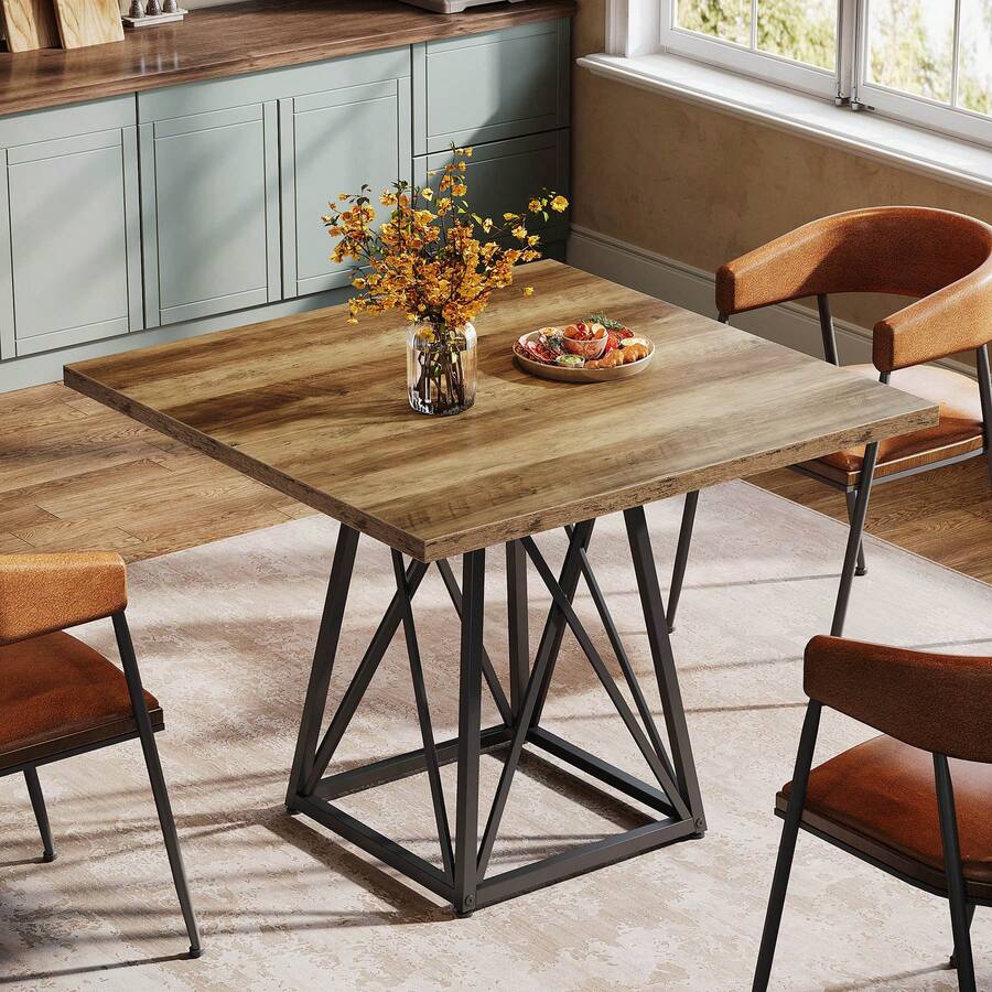 LITTLE TREE Square Dining Table For 4, 35.4-Inch Industrial Dinner ...