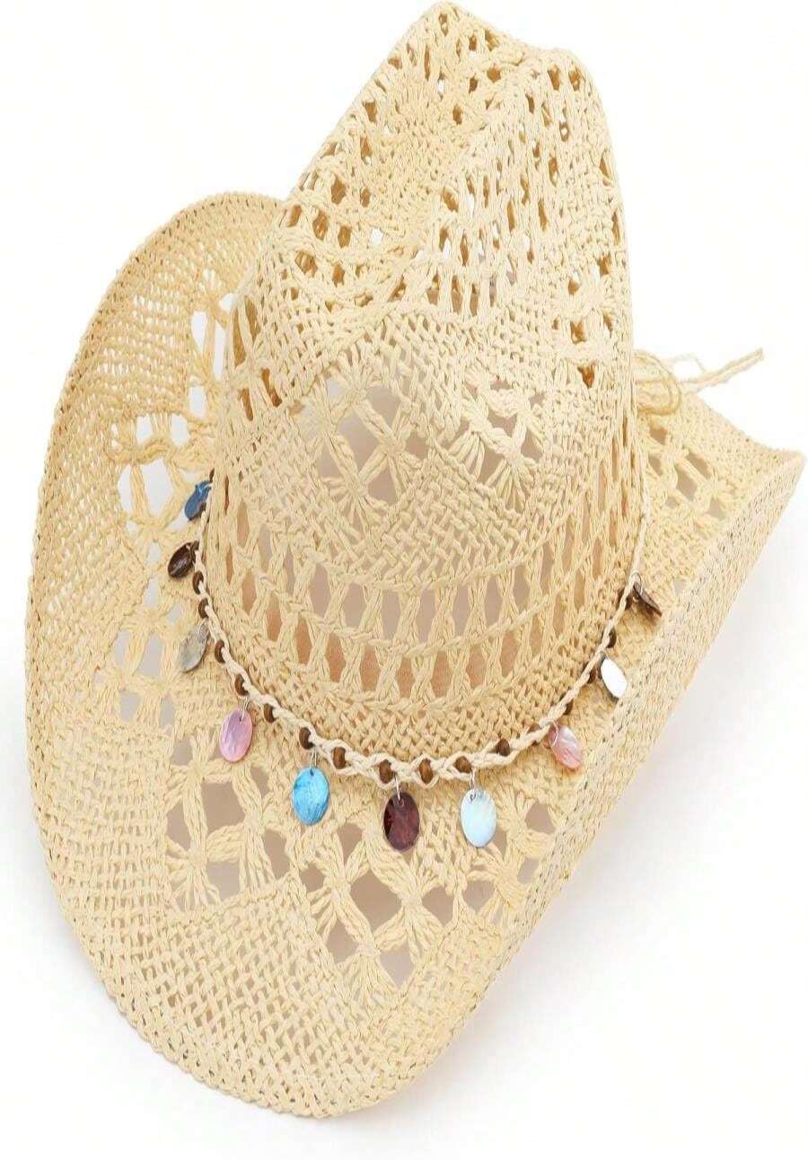 Melesh Straw Cowboy Hat, Western Cowgirl Hat, Wide Brim Sun Beach Hat ...