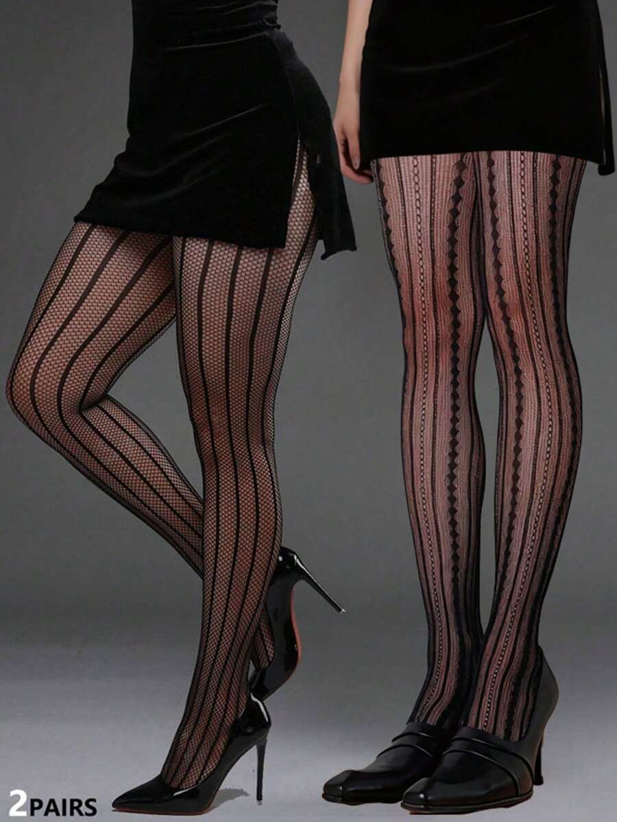 2pcs Plus Size High Stretch Vertical Striped Fishnet Leggings, Women ...