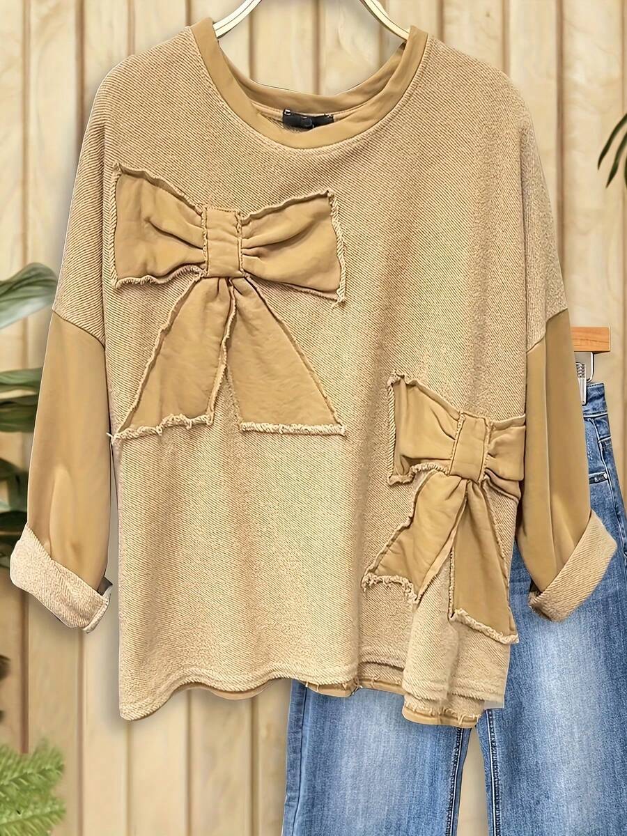 1 Women's Vintage Patchwork Bow Appliqué Blouse - Mustard-Yellow ...